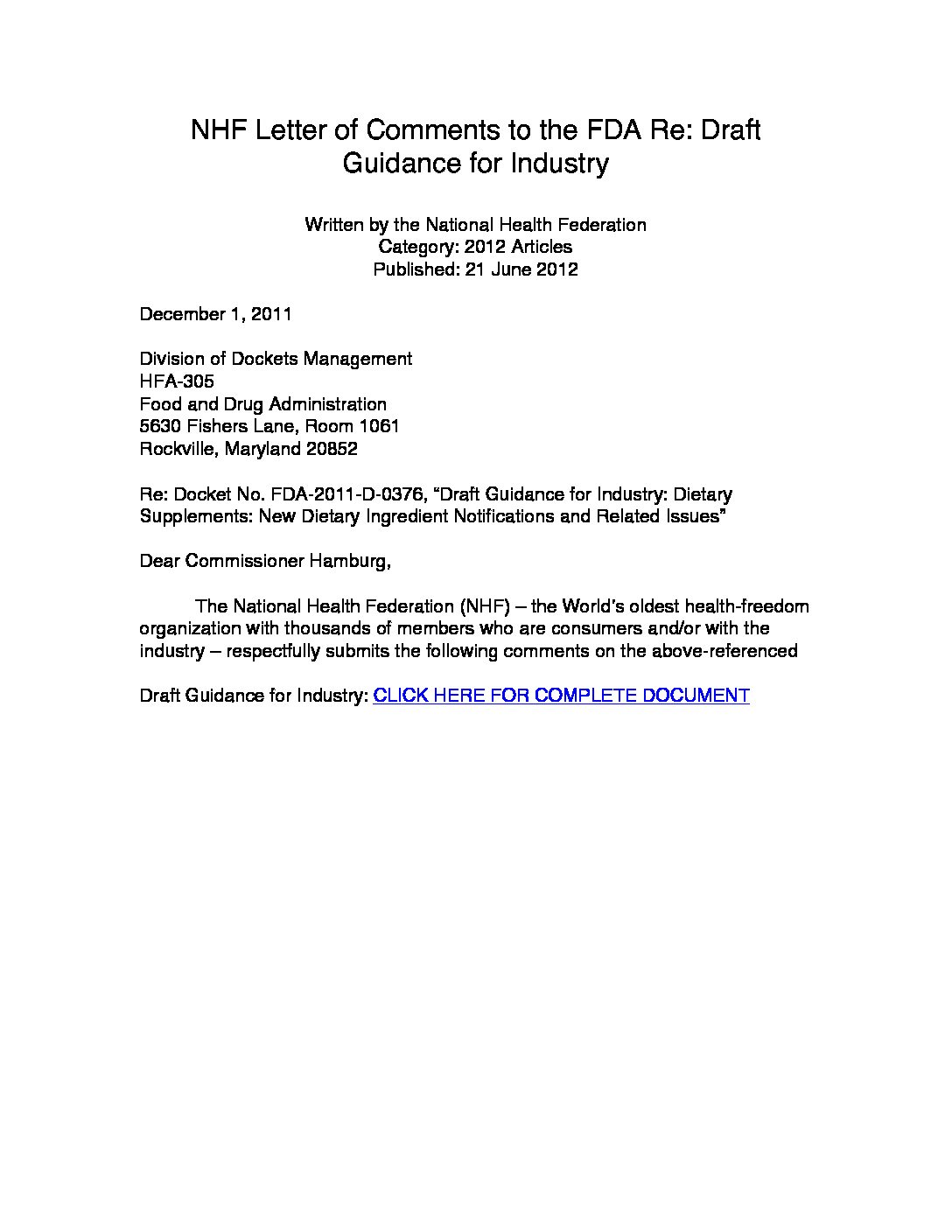 NHF Letter of Comments to the FDA Re- Draft Guidance for Industry